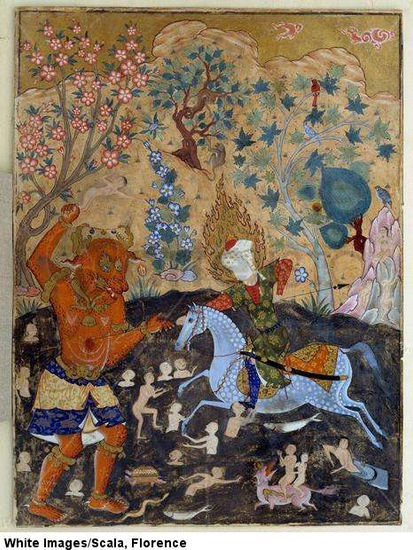 Islamic Art: Page of a falnama: Iman Reza fights a Div (demon). In ...